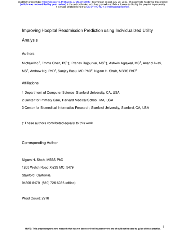 (PDF) Improving Hospital Readmission Prediction using Individualized Utility Analysis