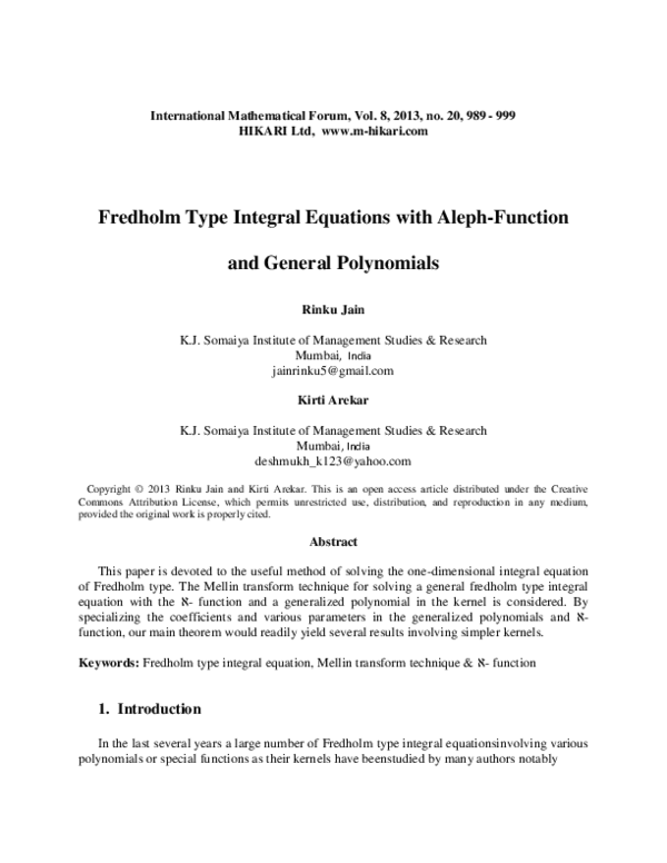 (PDF) Fredholm type integral equations with Aleph-function and general polynomials