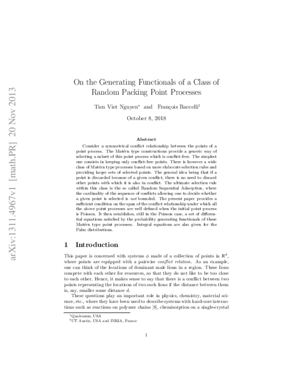 (PDF) On the Generating Functionals of a Class of Random Packing Point Processes | Francois ...