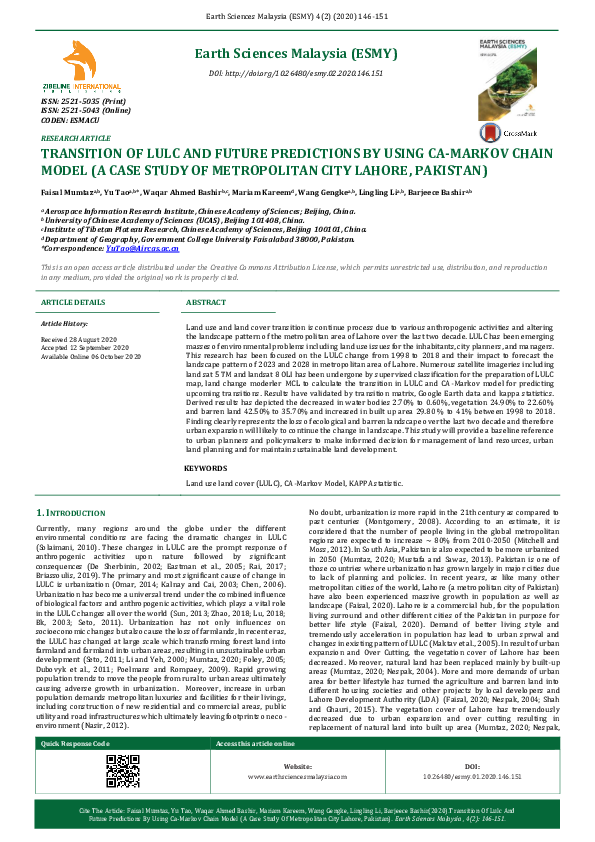(PDF) Transition of Lulc and Future Predictions by Using Ca-Markov Chain Model (A Case Study of ...