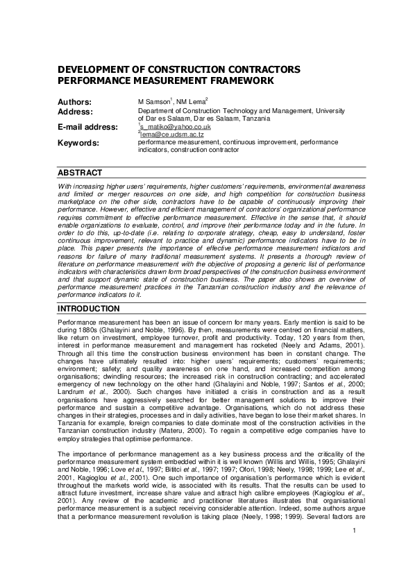 Pdf Development Of Construction Contractors Performance Measurement Framework
