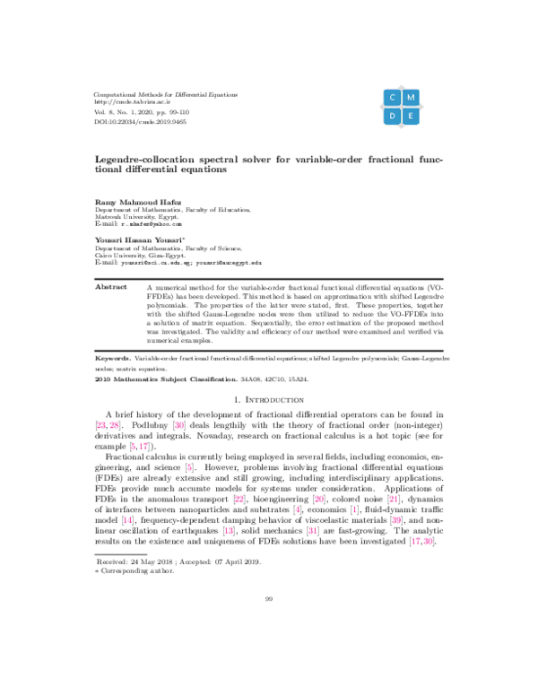 Pdf Legendre Collocation Spectral Solver For Variable Order Fractional Functional Differential
