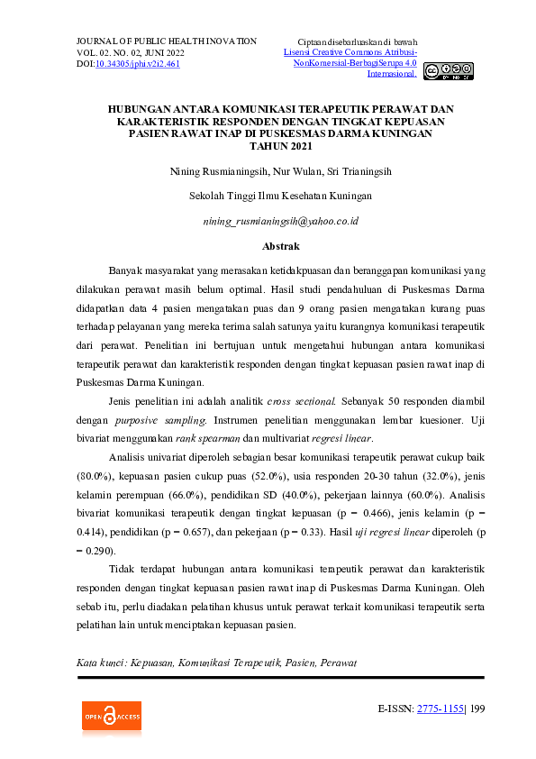 (PDF) Hubungan Antara Komunikasi Terapeutik Perawat Dan Karakteristik Responden Dengan Tingkat ...