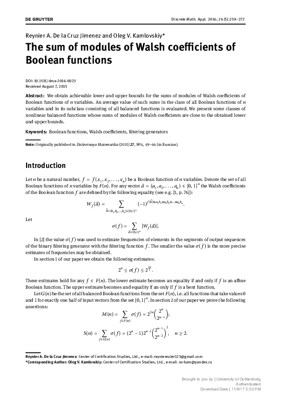 (PDF) The sum of modules of Walsh coefficients of Boolean functions