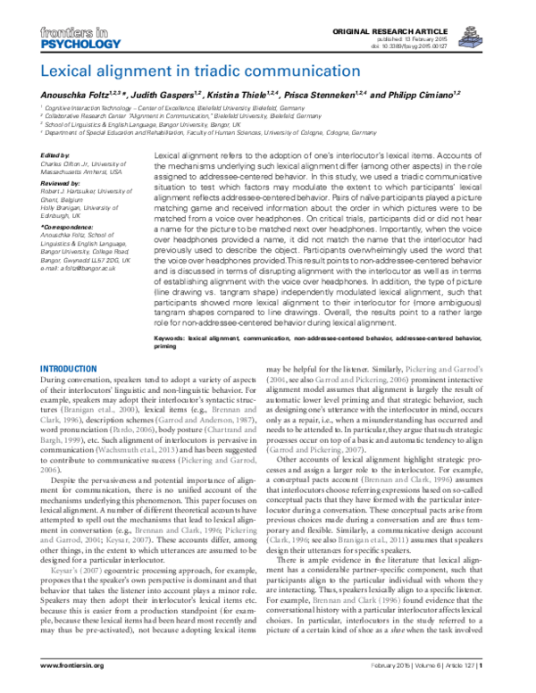 (PDF) Lexical alignment in triadic communication