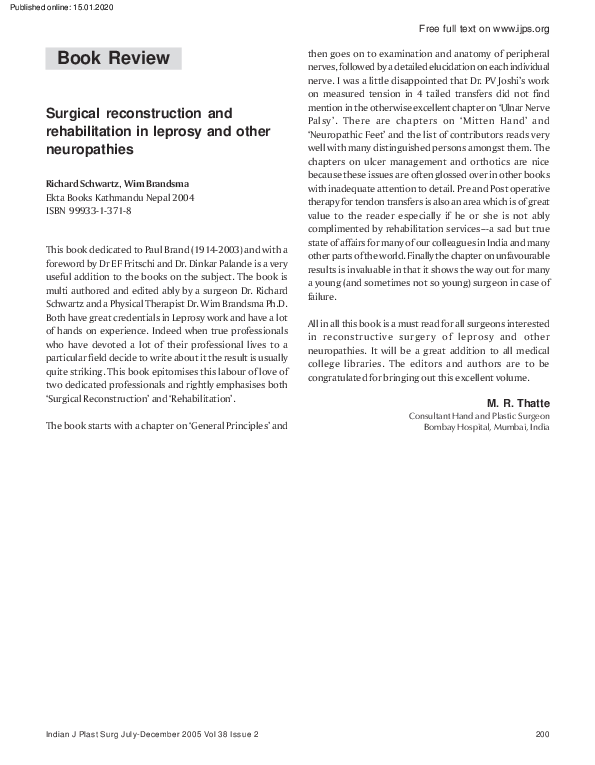 (PDF) Surgical reconstruction and rehabilitation in leprosy and other ...