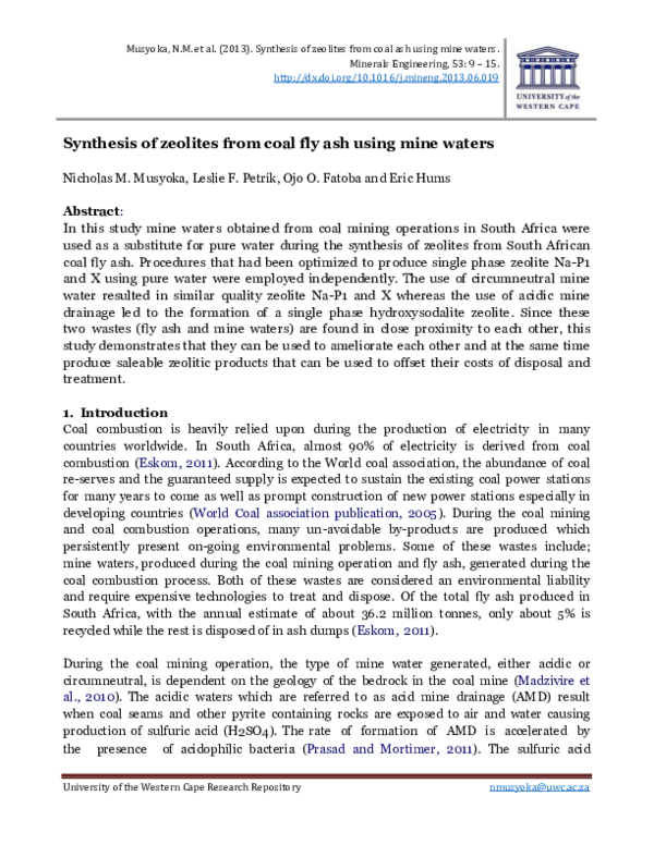 (PDF) Synthesis of zeolites from coal fly ash using mine waters ...