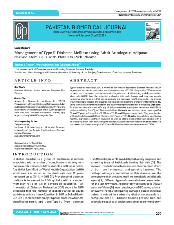 (PDF) Management of Type II Diabetes Mellitus using Adult Autologous ...