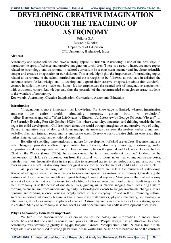 (PDF) DEVELOPING CREATIVE IMAGINATION THROUGH THE TEACHING OF ASTRONOMY