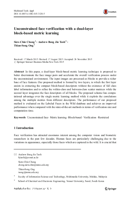 Pdf Unconstrained Face Verification With A Dual Layer Block Based Metric Learning C Chin