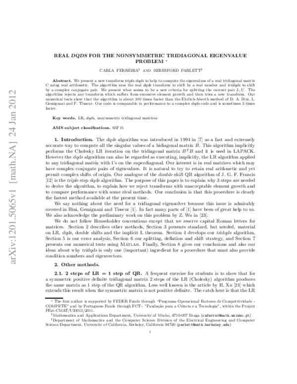 (PDF) Real dqds for the nonsymmetric tridiagonal eigenvalue problem