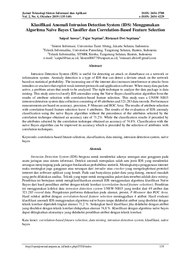 Pdf Klasifikasi Anomali Intrusion Detection System Ids Menggunakan