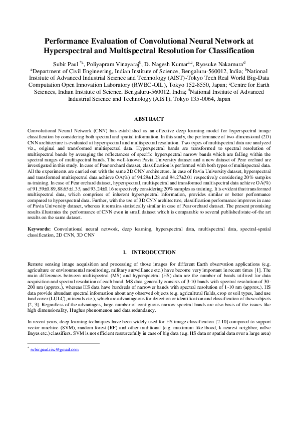 Pdf Performance Evaluation Of Convolutional Neural Network At Hyperspectral And Multispectral