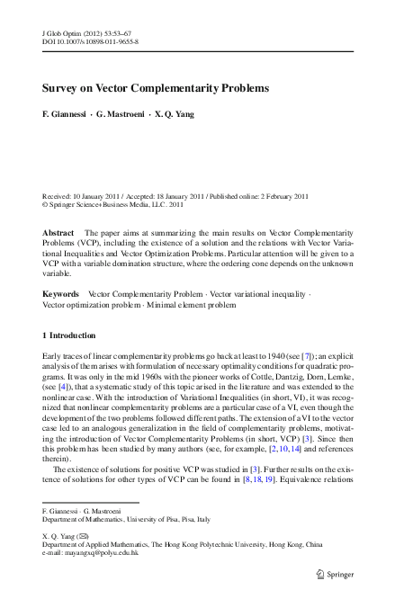 (PDF) Survey on Vector Complementarity Problems | Giandomenico Mastroeni - Academia.edu