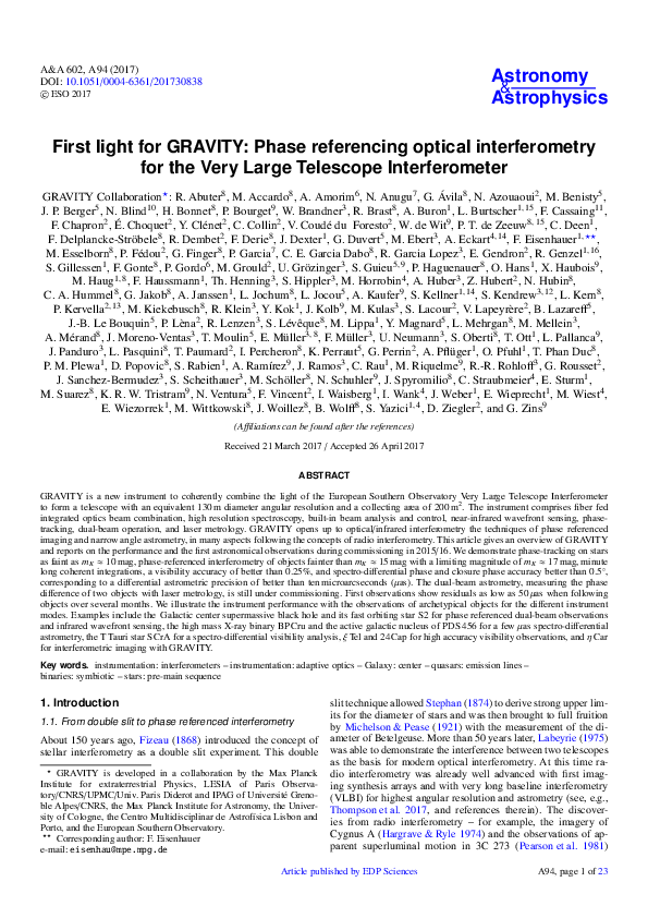 (PDF) First light for GRAVITY: Phase referencing optical interferometry for the Very Large ...
