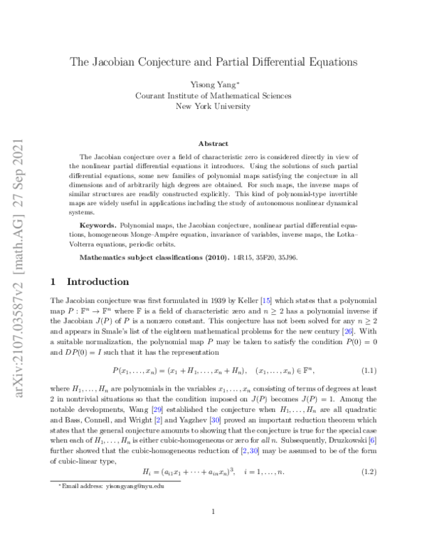 (PDF) The Jacobian Conjecture and Partial Differential Equations