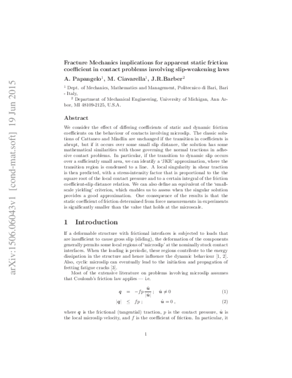 (PDF) Fracture mechanics implications for apparent static friction coefficient in contact ...