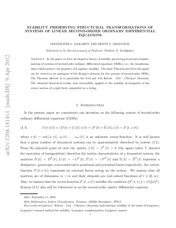 (PDF) Stability preserving structural transformations of systems of linear second-order ordinary ...