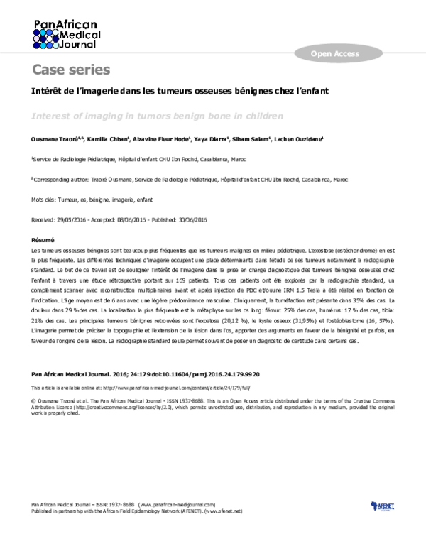 (PDF) Intérêt de l’imagerie dans les tumeurs osseuses bénignes chez l ... (PDF) Intérêt de l’imagerie dans les tumeurs osseuses bénignes chez l ...