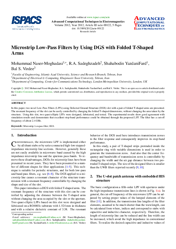 Pdf Microstrip Low Pass Filters By Using Dgs With Folded T Shaped Arms