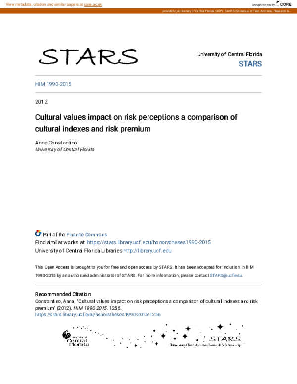 (PDF) Cultural values impact on risk perceptions a comparison of cultural indexes and risk premium