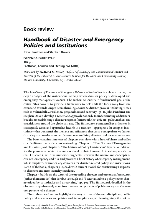 (PDF) Handbook of Disaster and Emergency Policies and Institutions