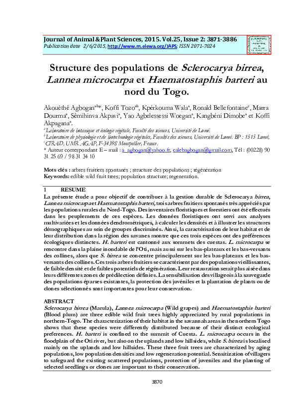 (PDF) Structure des populations de Sclerocarya birrea, Lannea ...