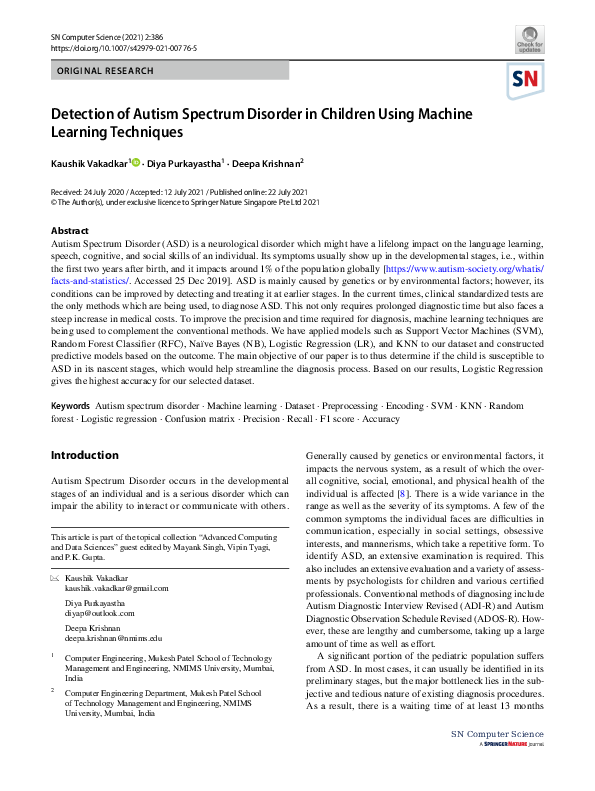 (PDF) Detection of Autism Spectrum Disorder in Children Using Machine Learning Techniques