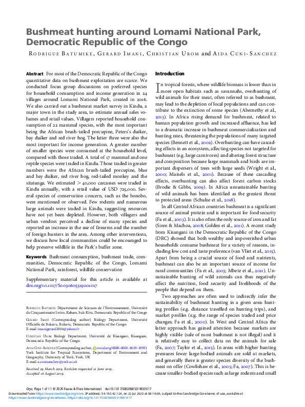 (PDF) Bushmeat hunting around Lomami National Park, Democratic Republic ...
