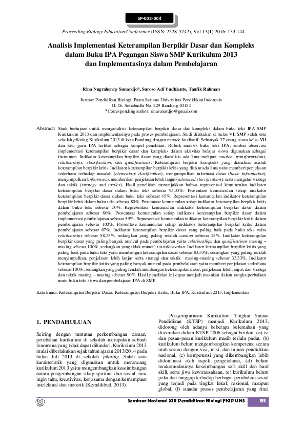 (PDF) Analisis Implementasi Keterampilan Berpikir Dasar dan Kompleks dalam Buku IPA Pegangan ...