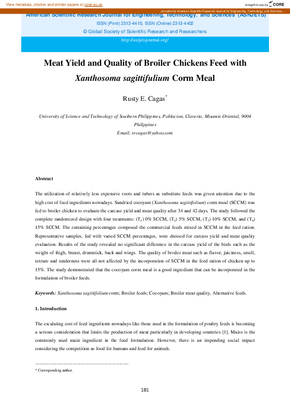 (PDF) Meat Yield and Quality of Broiler Chickens Feed with Xanthosoma ...