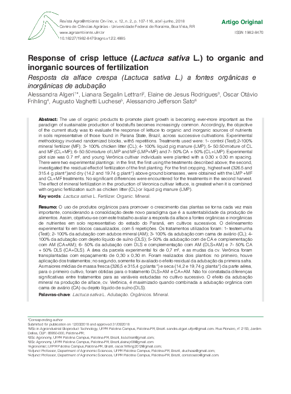 (PDF) Response of crisp lettuce (Lactuca sativa L.) to organic and inorganic sources of ...