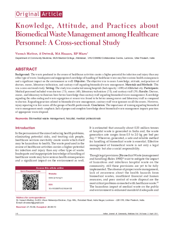 (PDF) Knowledge, attitude, and practices about biomedical waste management among healthcare ...