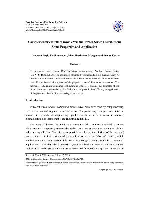 Pdf Complementary Kumaraswamy Weibull Power Series Distribution Some Properties And Application