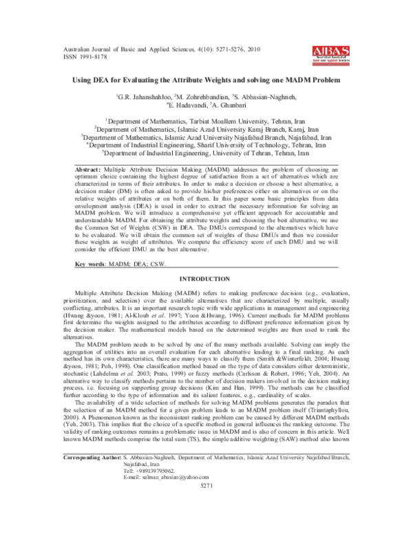 Pdf Using Dea For Evaluating The Attribute Weights And Solving One