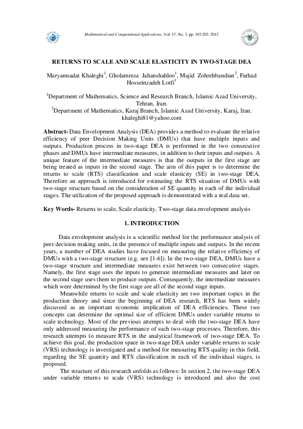 Pdf Returns To Scale And Scale Elasticity In Two Stage Dea