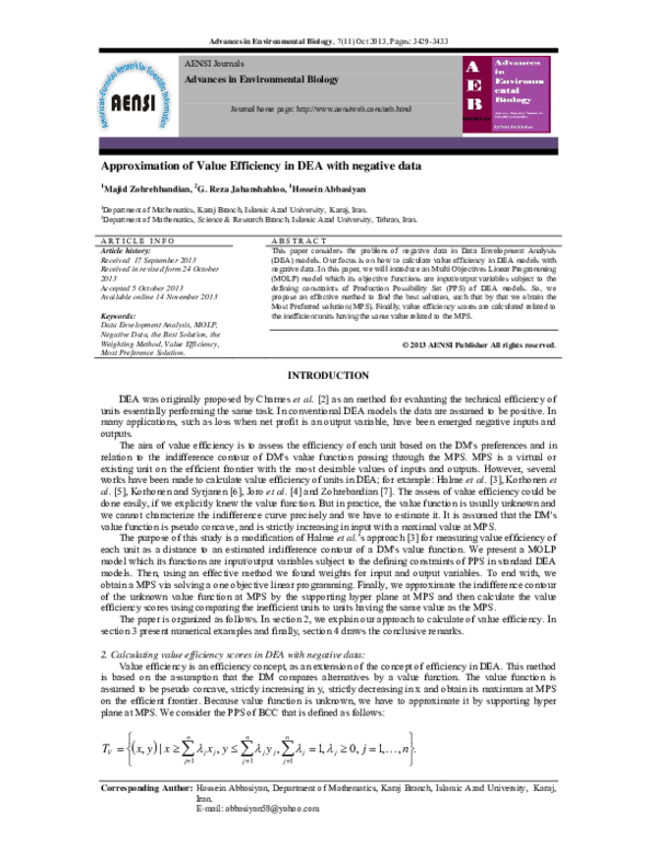 Pdf Approximation Of Value Efficiency In Dea With Negative Data