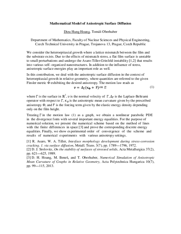 Pdf Mathematical Model Of Anisotropic Surface Diffusion Anthony