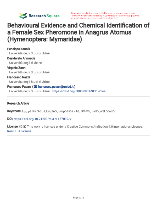 (PDF) Behavioural Evidence and Chemical Identification of a Female Sex ...