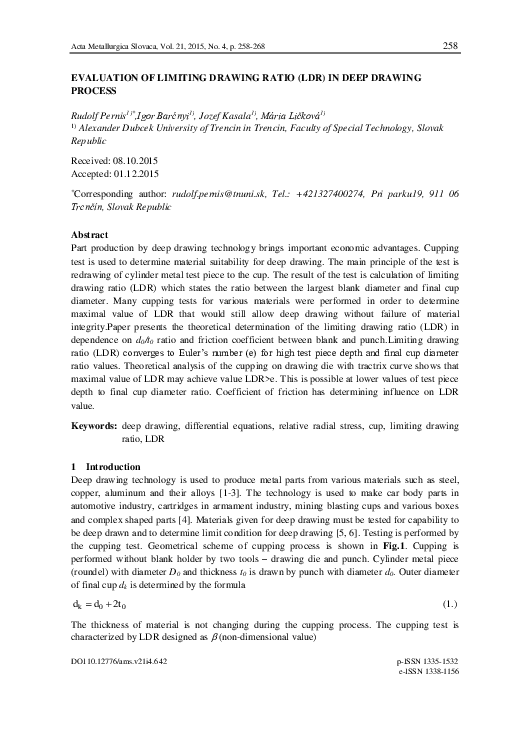 (PDF) Evaluation of Limiting Drawing Ratio (LDR) in deep drawing process