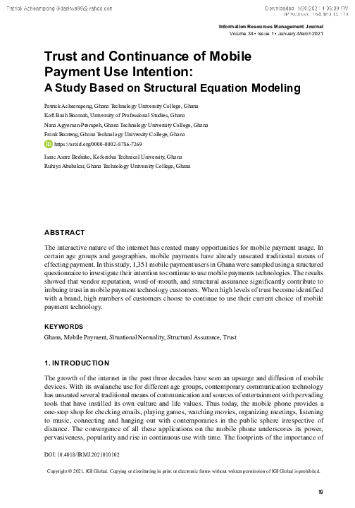 (PDF) Trust and Continuance of Mobile Payment Use Intention: A Study Based on Structural ...