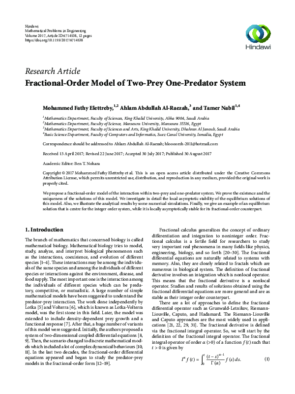 (PDF) Fractional-Order Model of Two-Prey One-Predator System