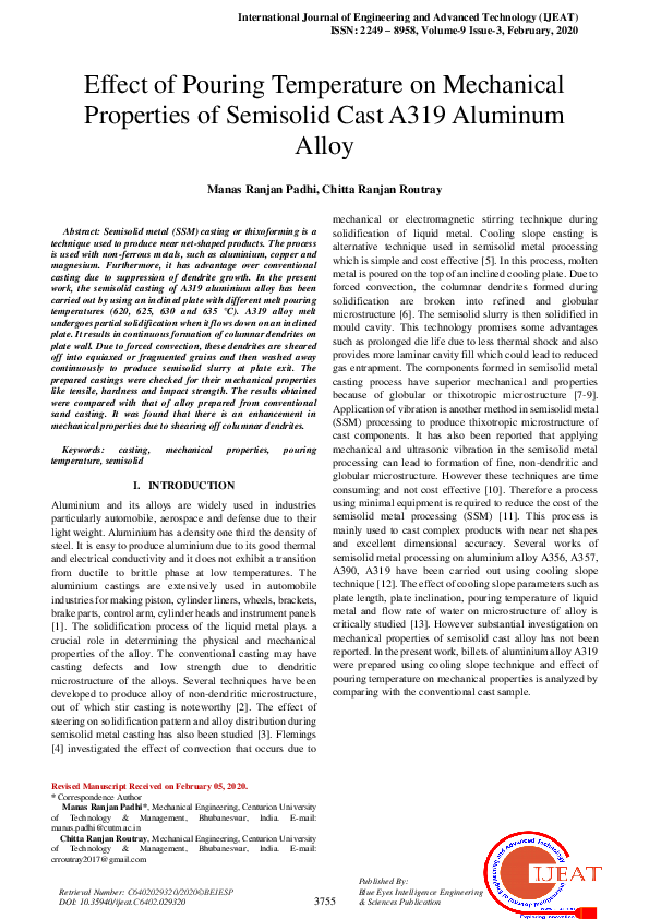 (PDF) Effect of Pouring Temperature on Mechanical Properties of Semisolid Cast A319 Aluminum Alloy