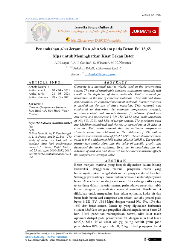 (PDF) Pengaruh Penambahan Abu Jerami Dan Abu Sekam Terhadap Kuat Tekan Beton