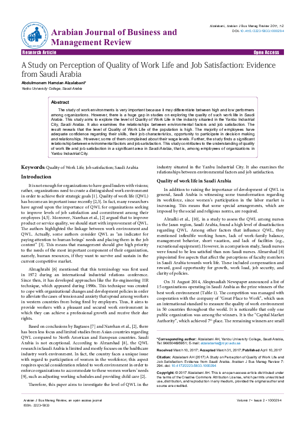 (PDF) A Study on Perception of Quality of Work Life and Job ...