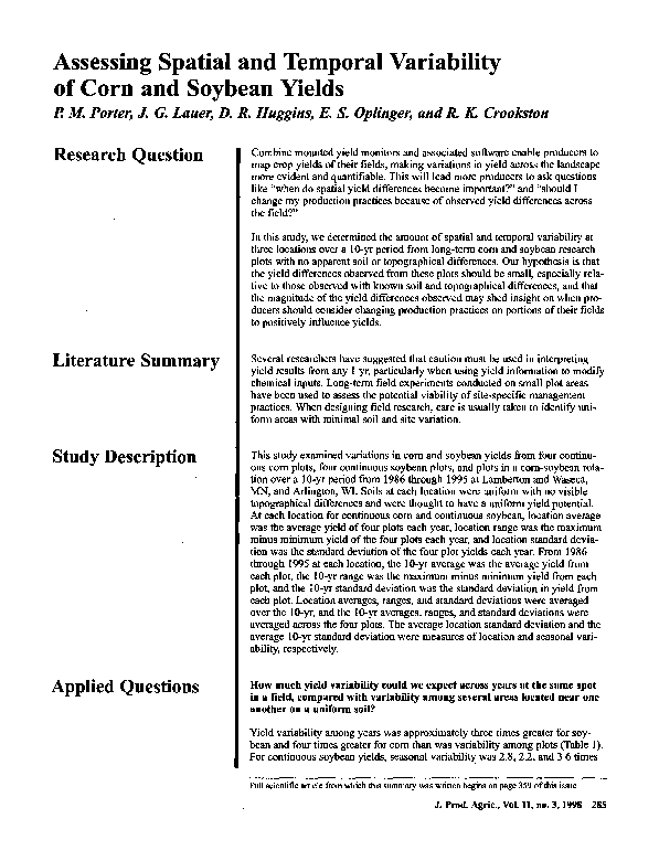 (PDF) Assessing Spatial and Temporal Variability of Corn and Soybean Yields