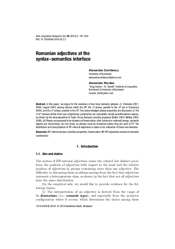 (PDF) Romanian adjectives at the syntax-semantics interface