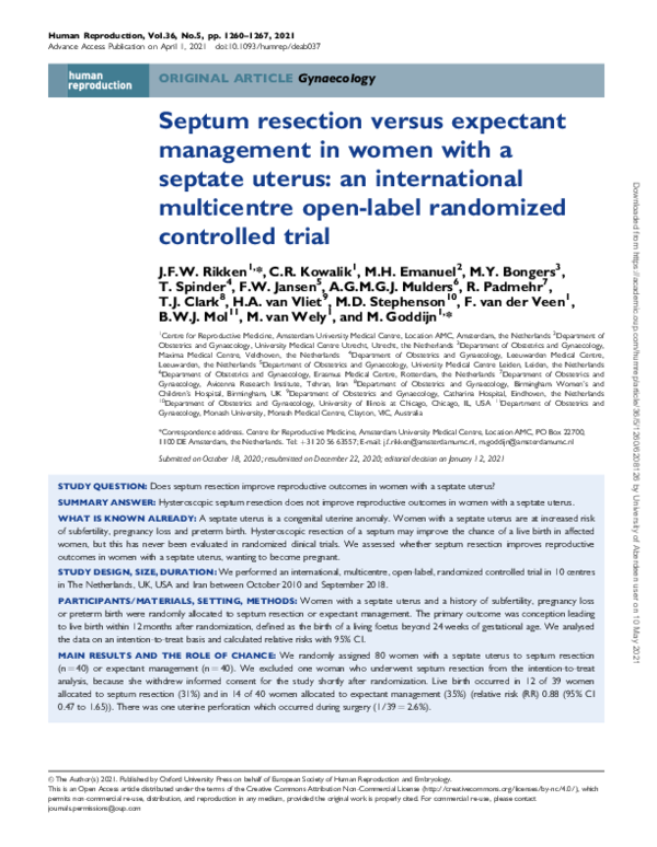 (PDF) Septum resection versus expectant management in women with a ...