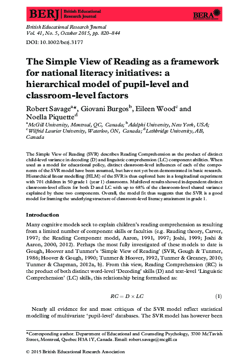 The Simple View of Reading as a framework for national literacy ...