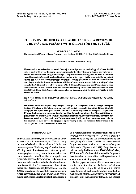 (PDF) Studies on the biology of African ticks: A review of the past and ...
